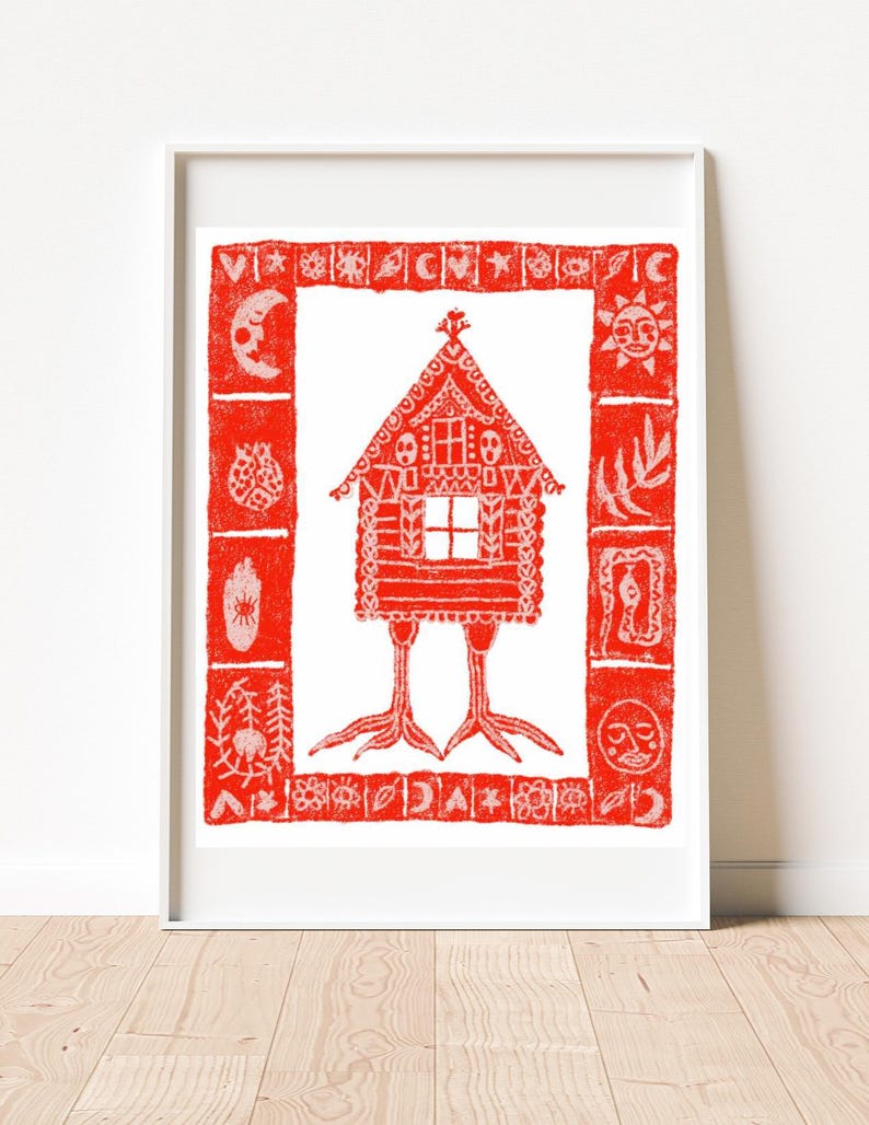 Baba Yaga Hut Slavic Folk Art Print, A4 A5 Post Card, Red and White ...