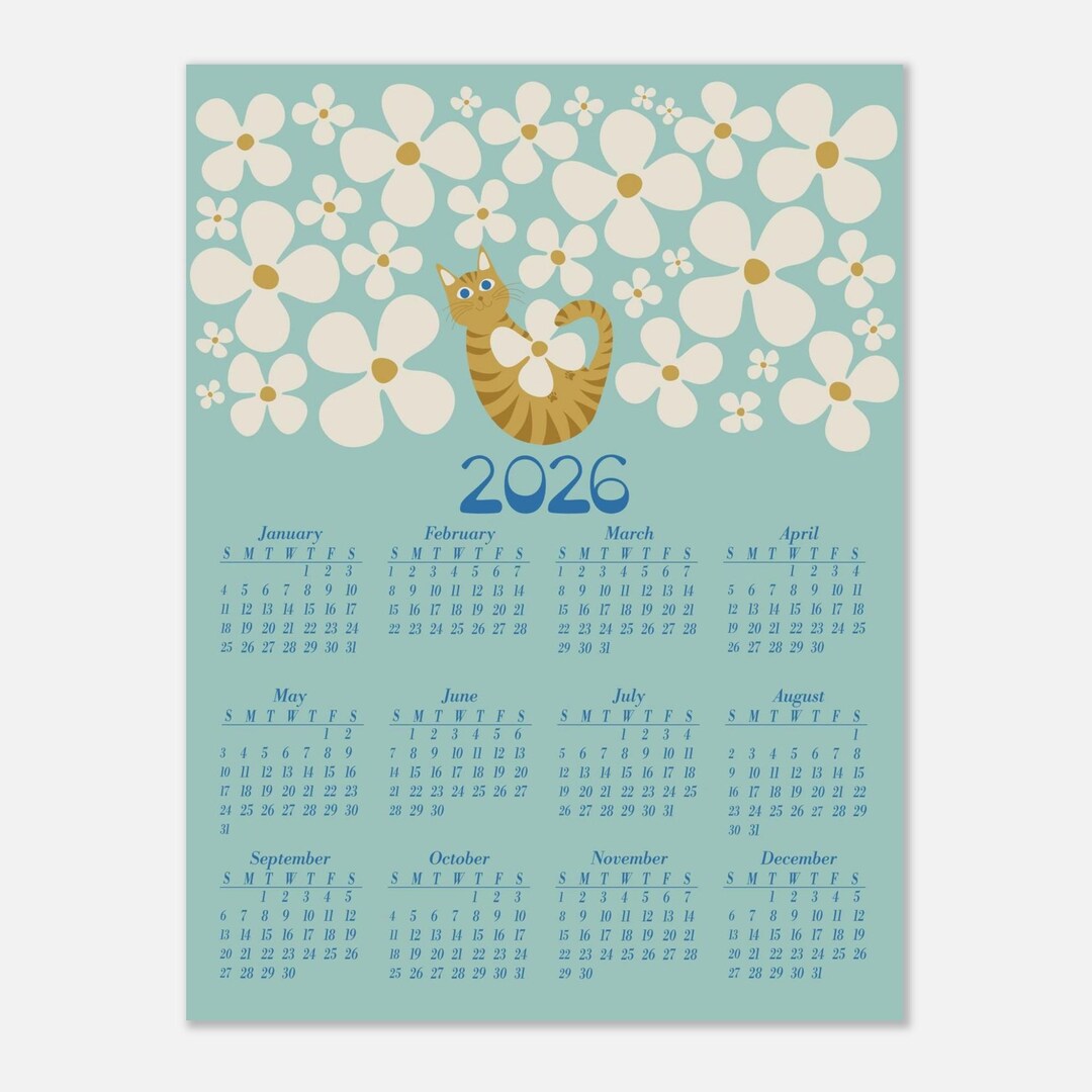 2026 Wall Calendar: Cute Cat, Retro Flowers, Illustrated Design | Year ...