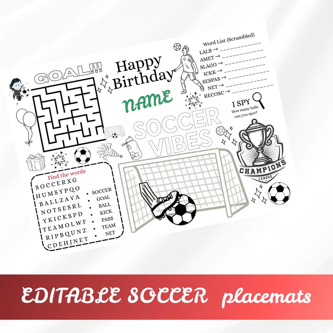 Editable Soccer Party Placemat | Printable Football Birthday Coloring ...