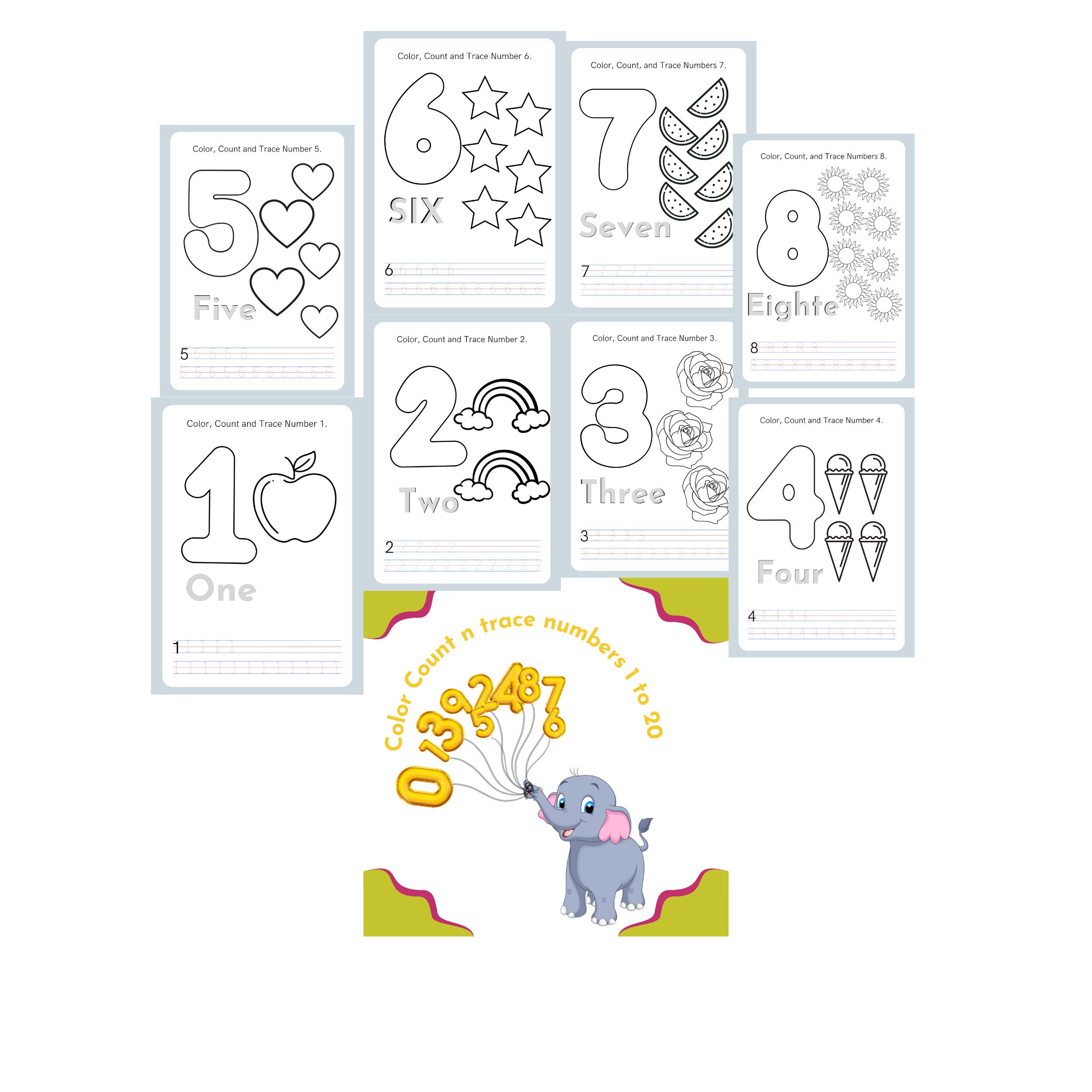 1 - 20 Number Color,count and Tracing Worksheets,preschool Worksheet ...