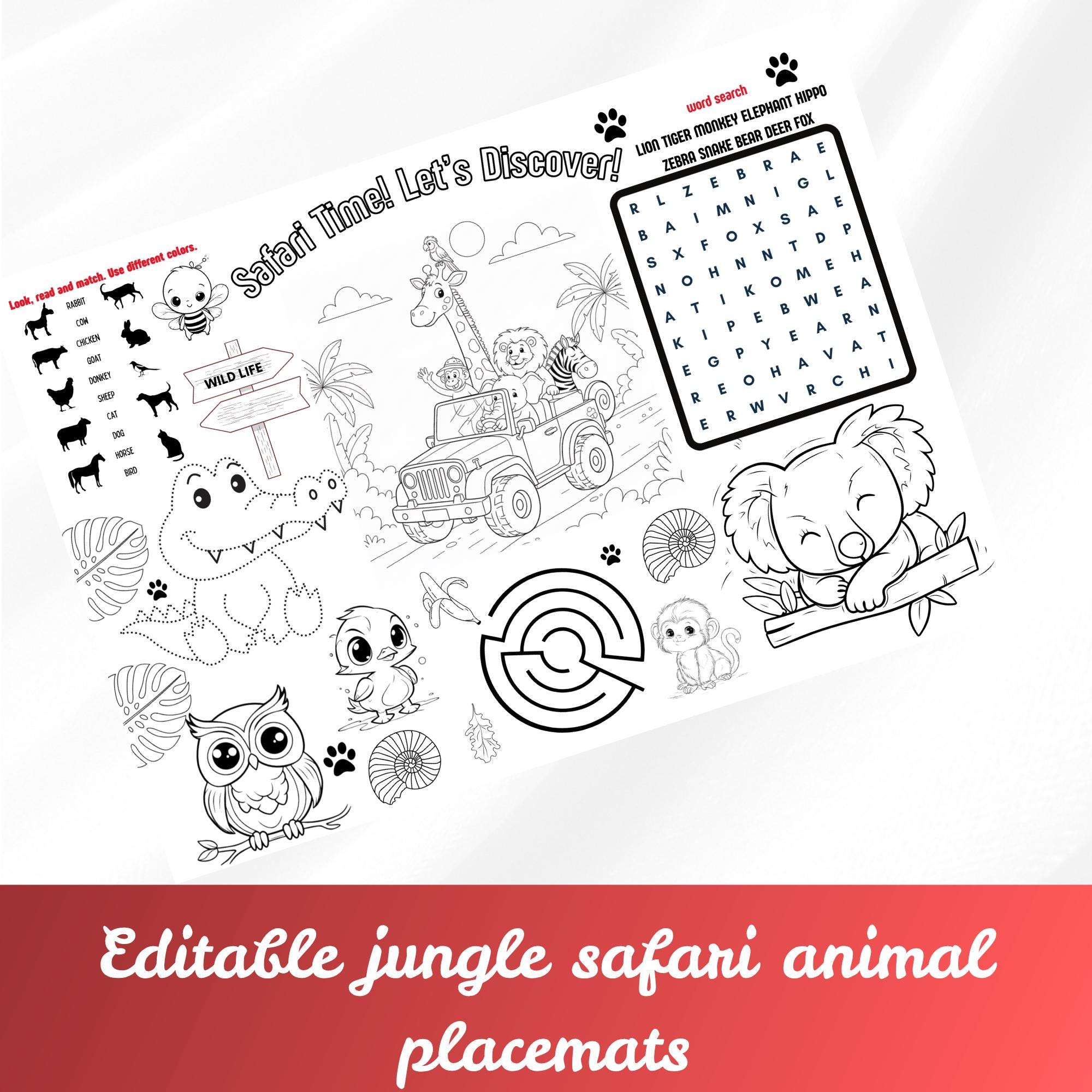 Editable Safari Animal Placemat |jungle Birthday Activity Sheet ...