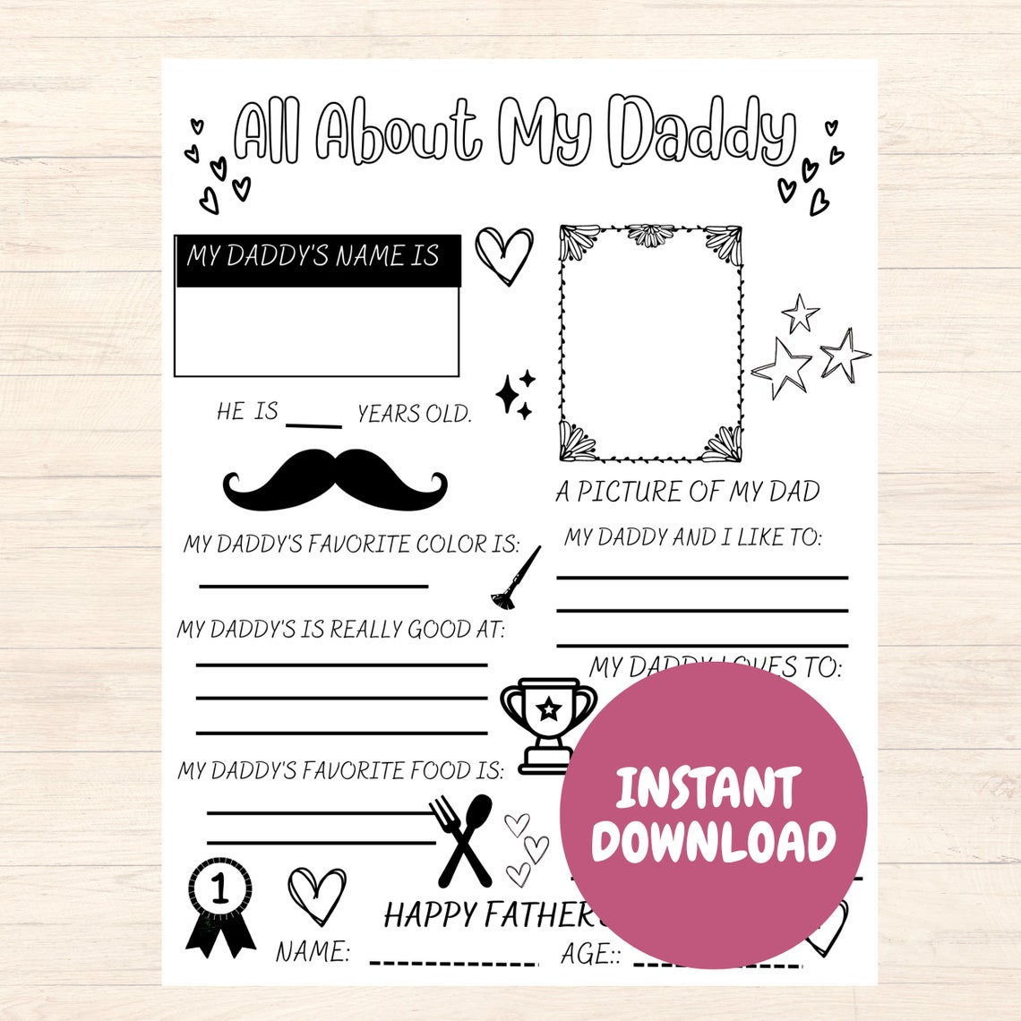 Printable Gift for Daddy, Father's Day Printable, All About My Daddy ...
