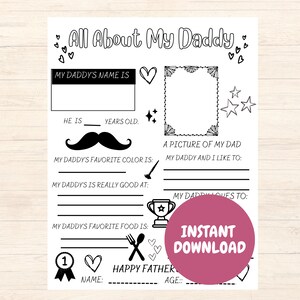 Printable Gift for Daddy, Father's Day Printable, All About My Daddy ...