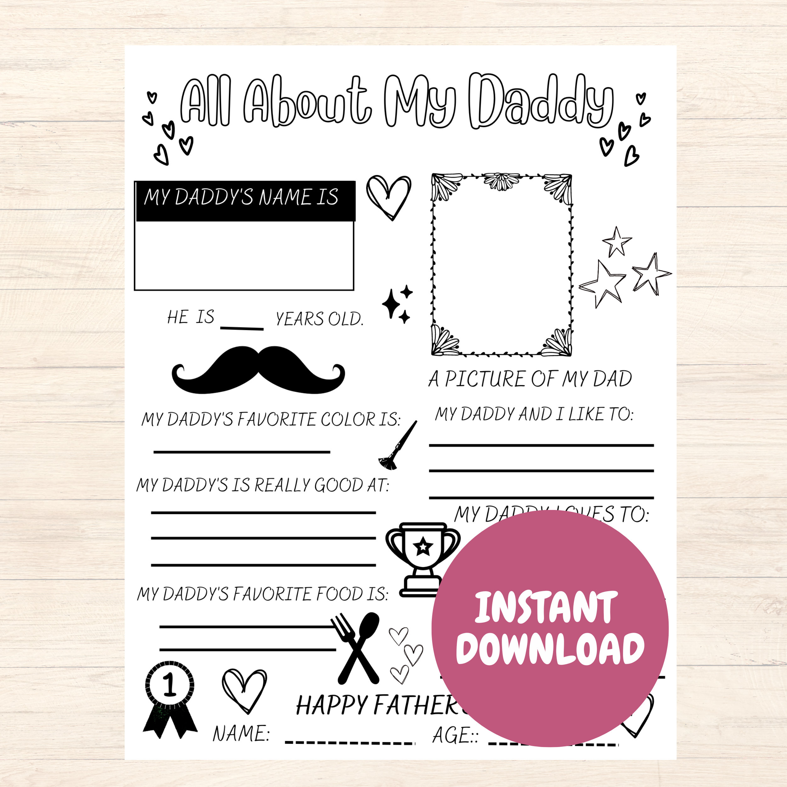 Printable Gift for Daddy, Father's Day Printable, All About My Daddy ...