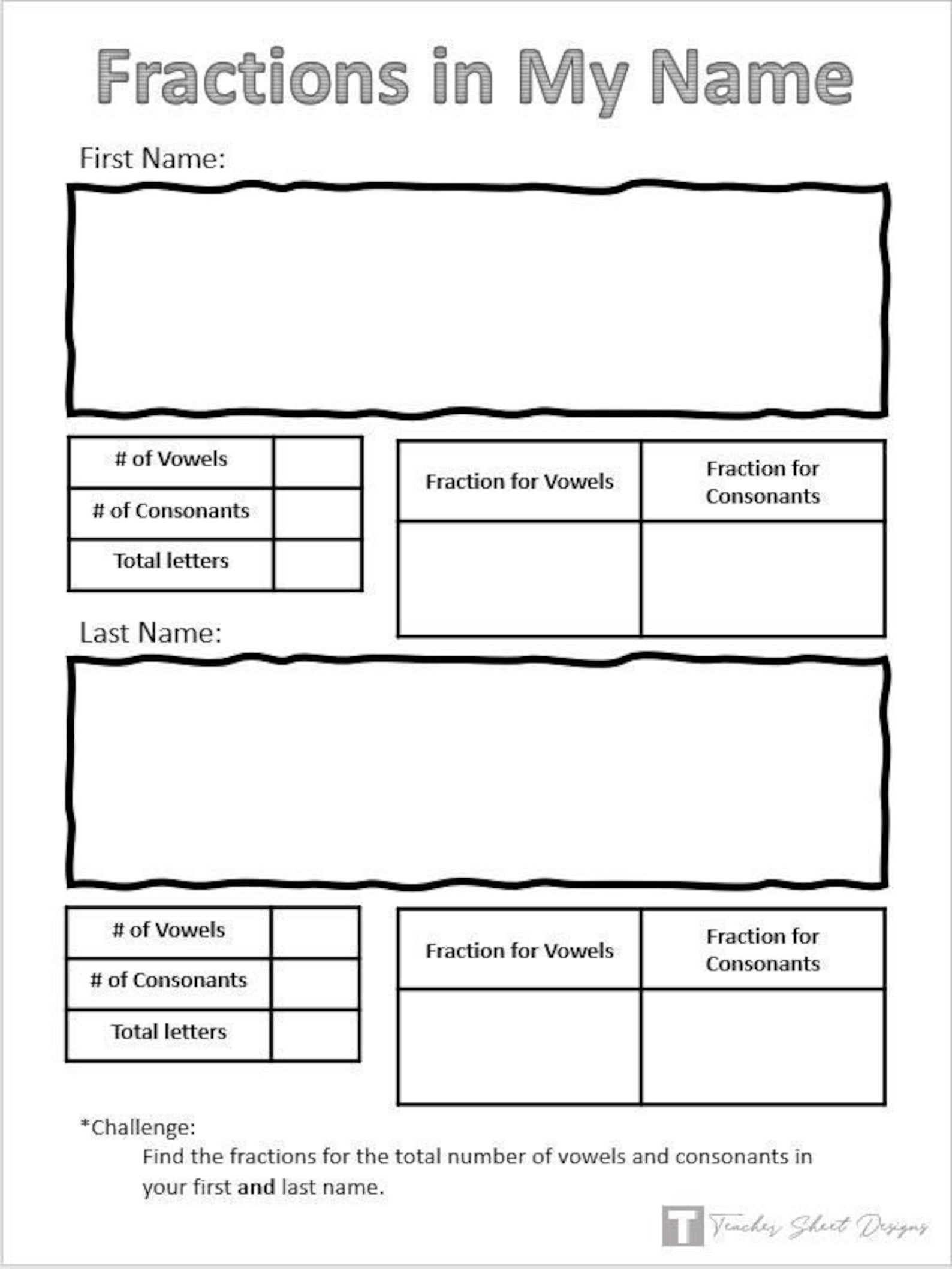 Fractions in My Name Worksheet - Etsy