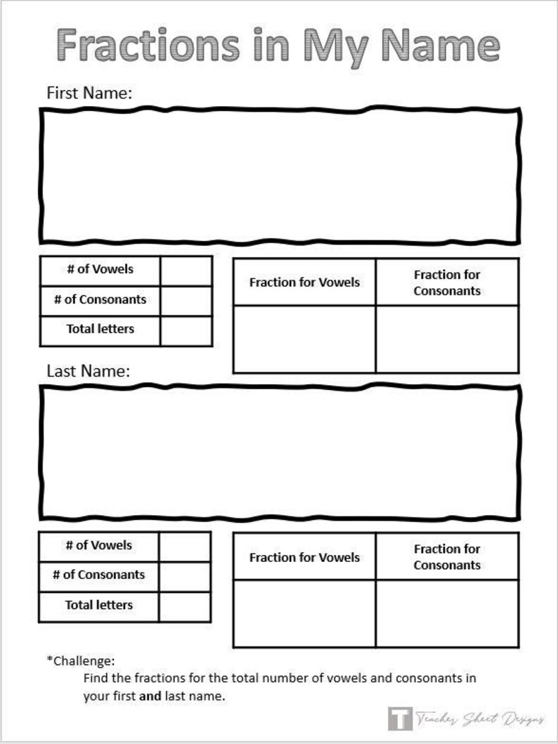 Fractions in My Name Worksheet - Etsy