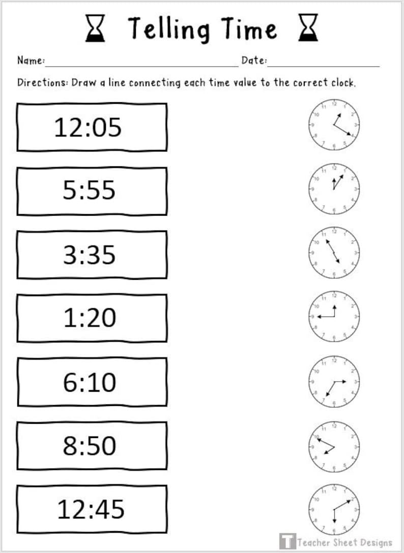 Telling Time Matching Worksheet (Instant Download) - Etsy