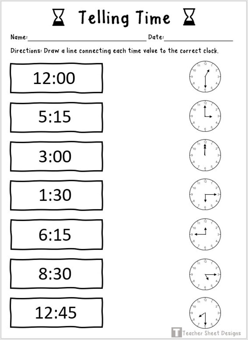 Telling Time Matching Worksheet (Instant Download) - Etsy