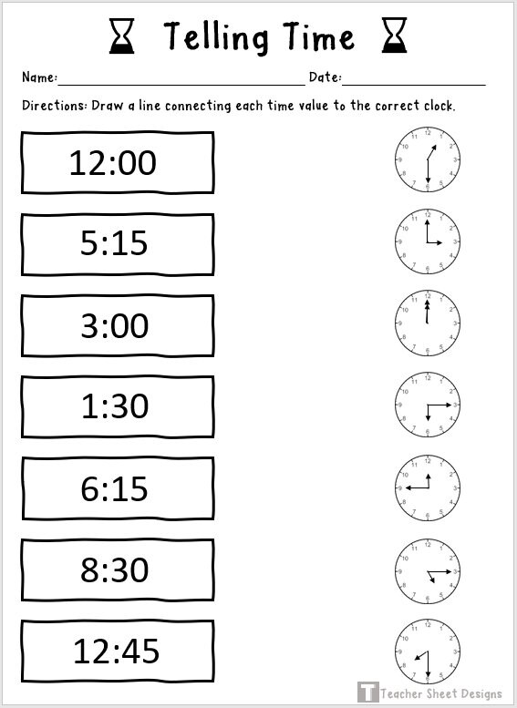 Telling Time Matching Worksheet - Etsy