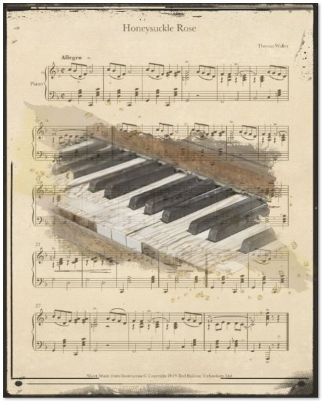 Piano Watercolor Printed on Sheet Music Page -- Instrumental Art Print ...