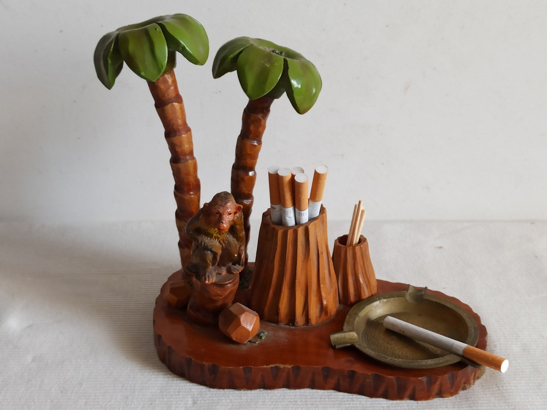 Vintage Smoker Desk Set, Ashtray, Room for Cigarettes and Matches, Palm ...