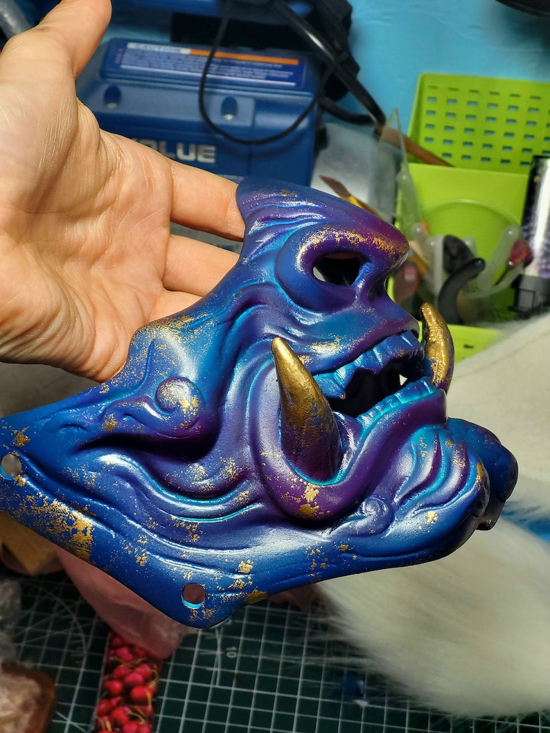 Japanese Samurai Oni Demon Blue Half Mask | FINISHED&PAINTED - Etsy