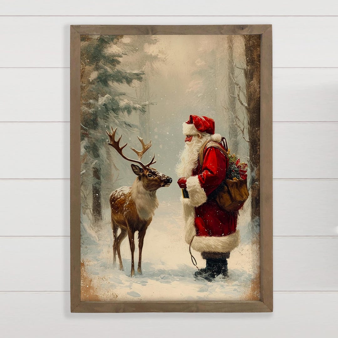 Santa Claus and Reindeer - Christmas Canvas Art - Framed Art - Wooden ...