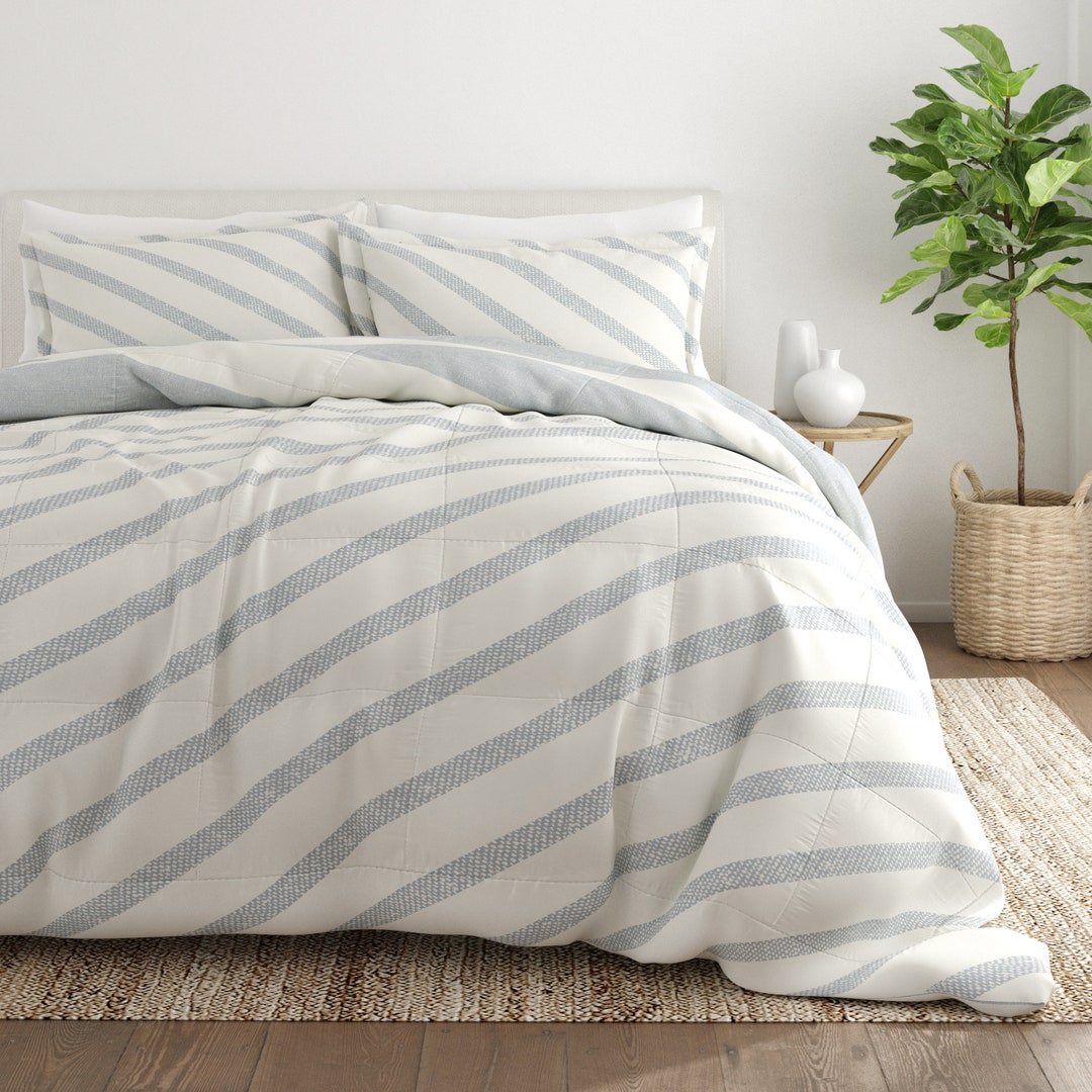 Striped Comforter Set King Light Blue White Bedding Farmhouse Comforter ...