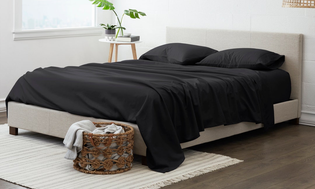 Softened Black Linen Bedding Set 1 Flat Sheet, 1 Fitted Sheet, 2 ...