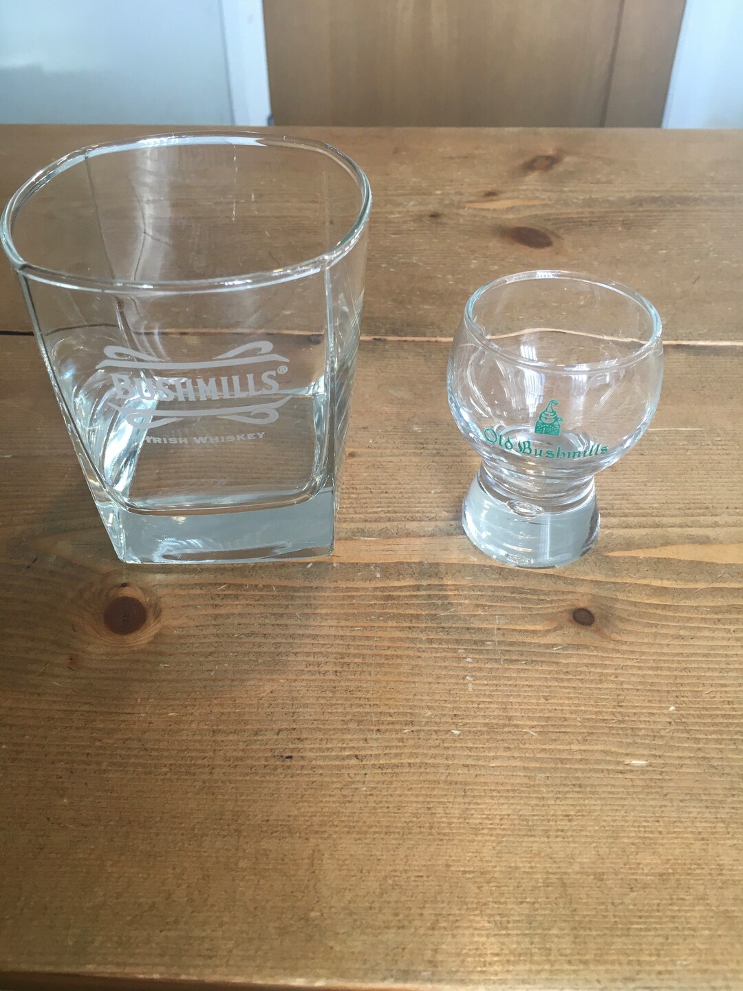 Two Bushmills Irish Whiskey Glasses - One Square Based One Shot Glass ...