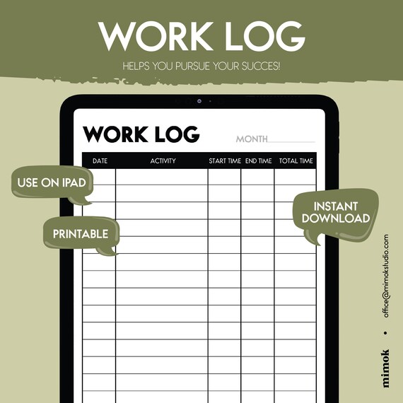 Printable Work Log. Time Tracker. Activity Tracker. Work Time - Etsy