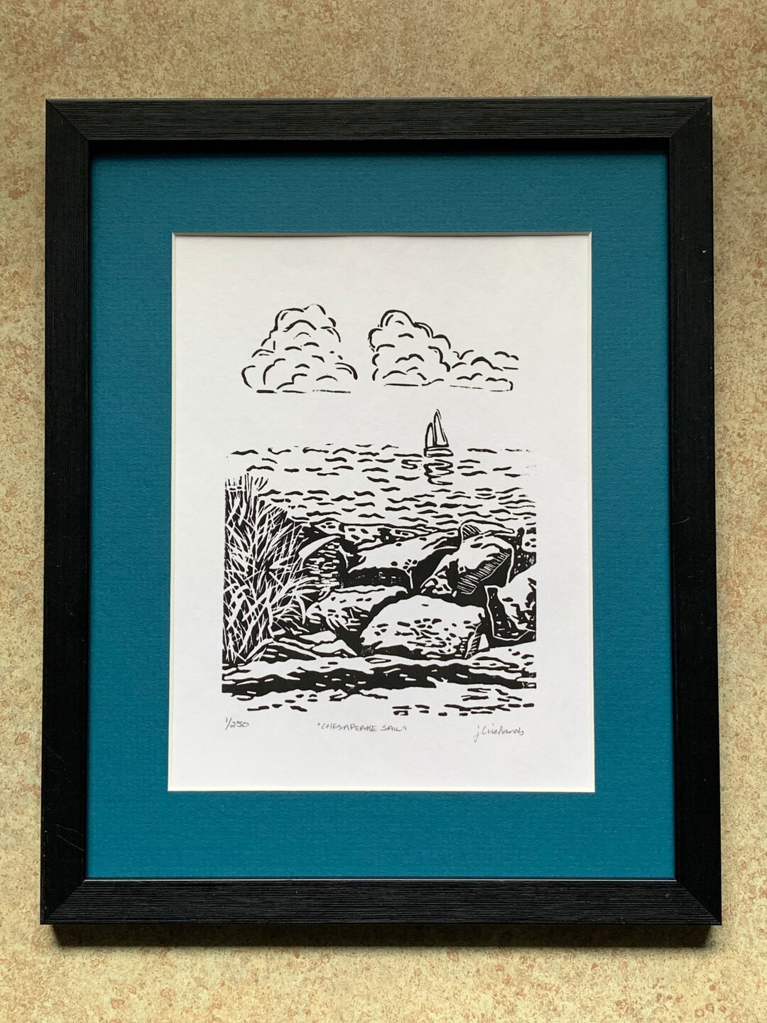 Chesapeake Sail Lino Print Sailboat Print Bay Art Coastal Art Hand ...