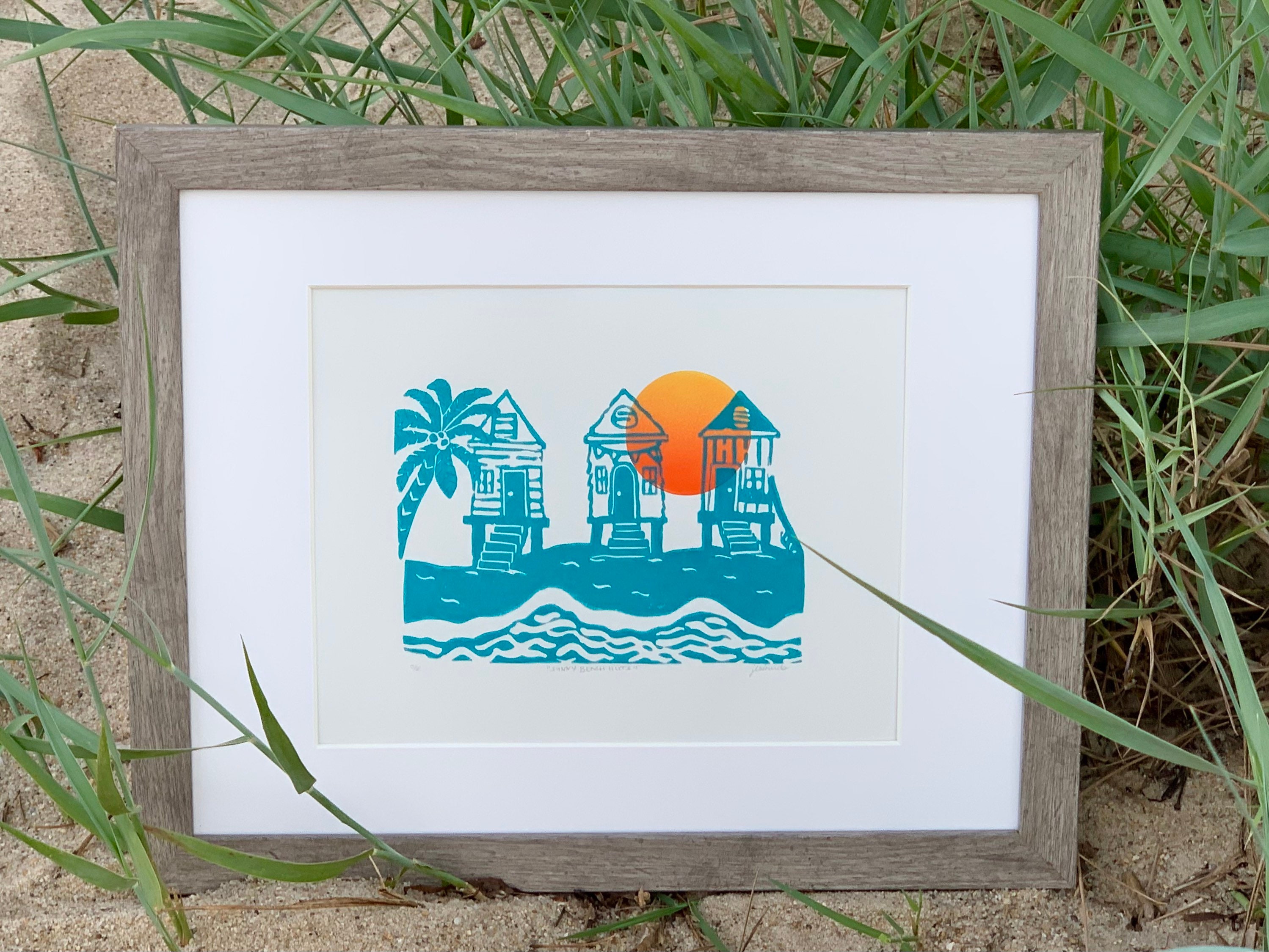 Sunny Beach Huts Lino Print Beach Hut Print Beach Art Summer Art Hand ...