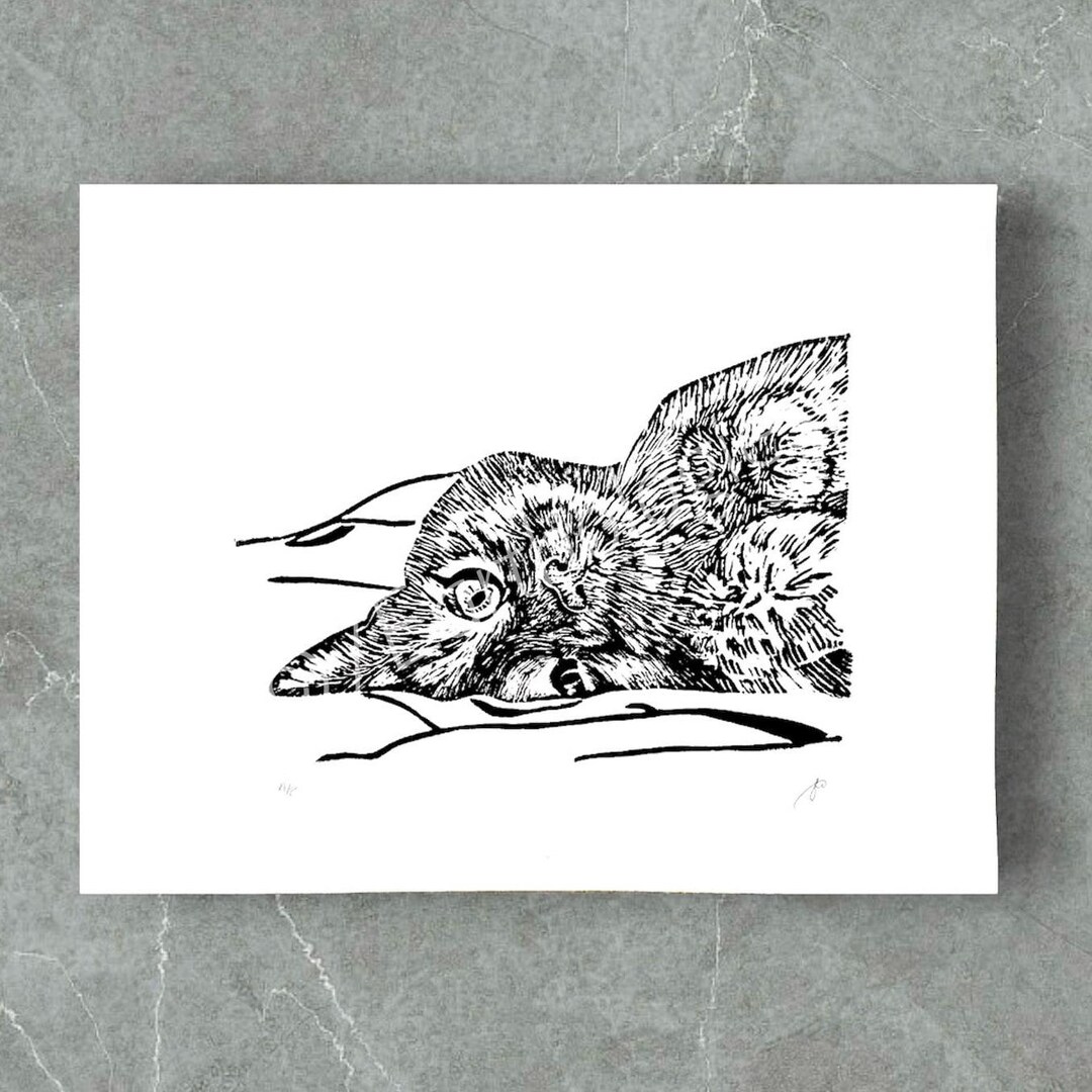 Tabby Cat Lino Print: Hand-printed Linocut Cat Art - Etsy