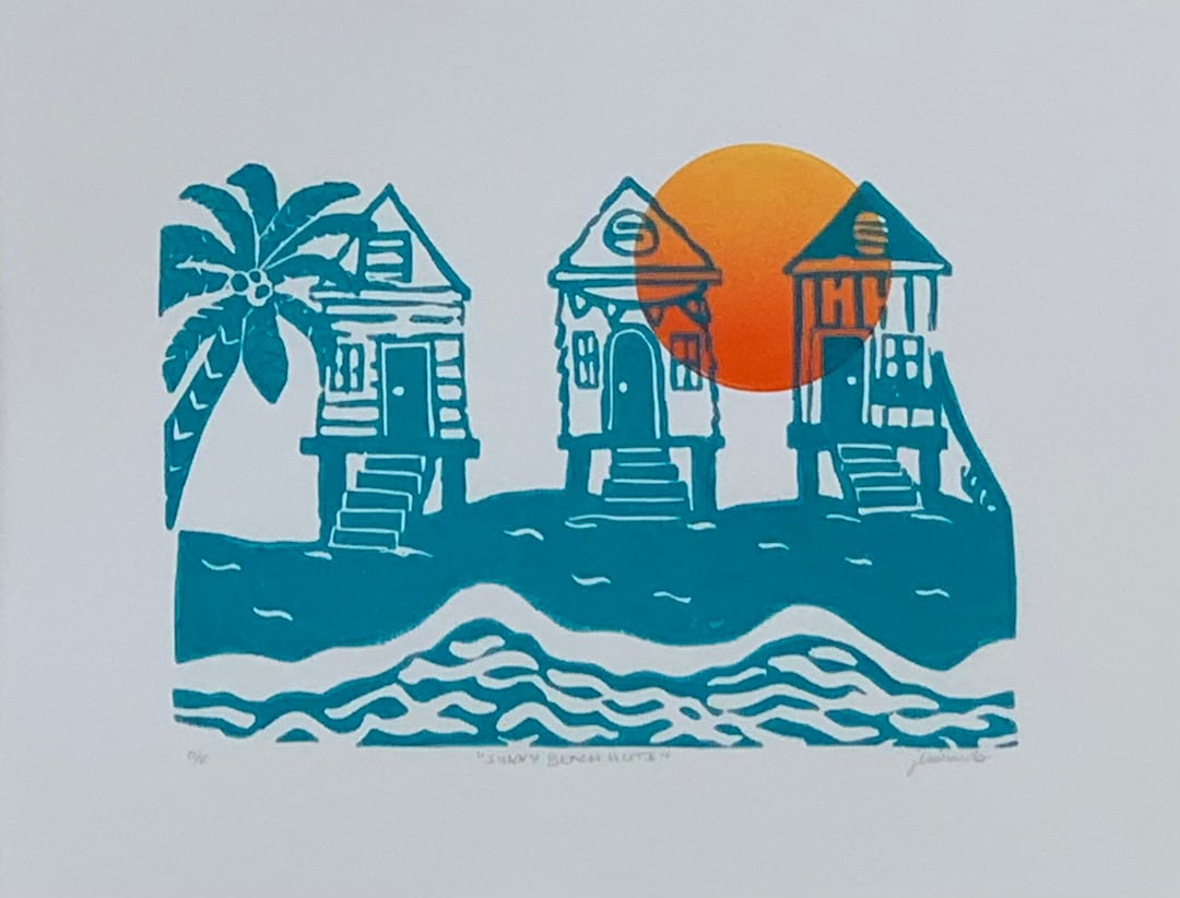 Sunny Beach Huts Lino Print Beach Hut Print Beach Art Summer Art Hand ...