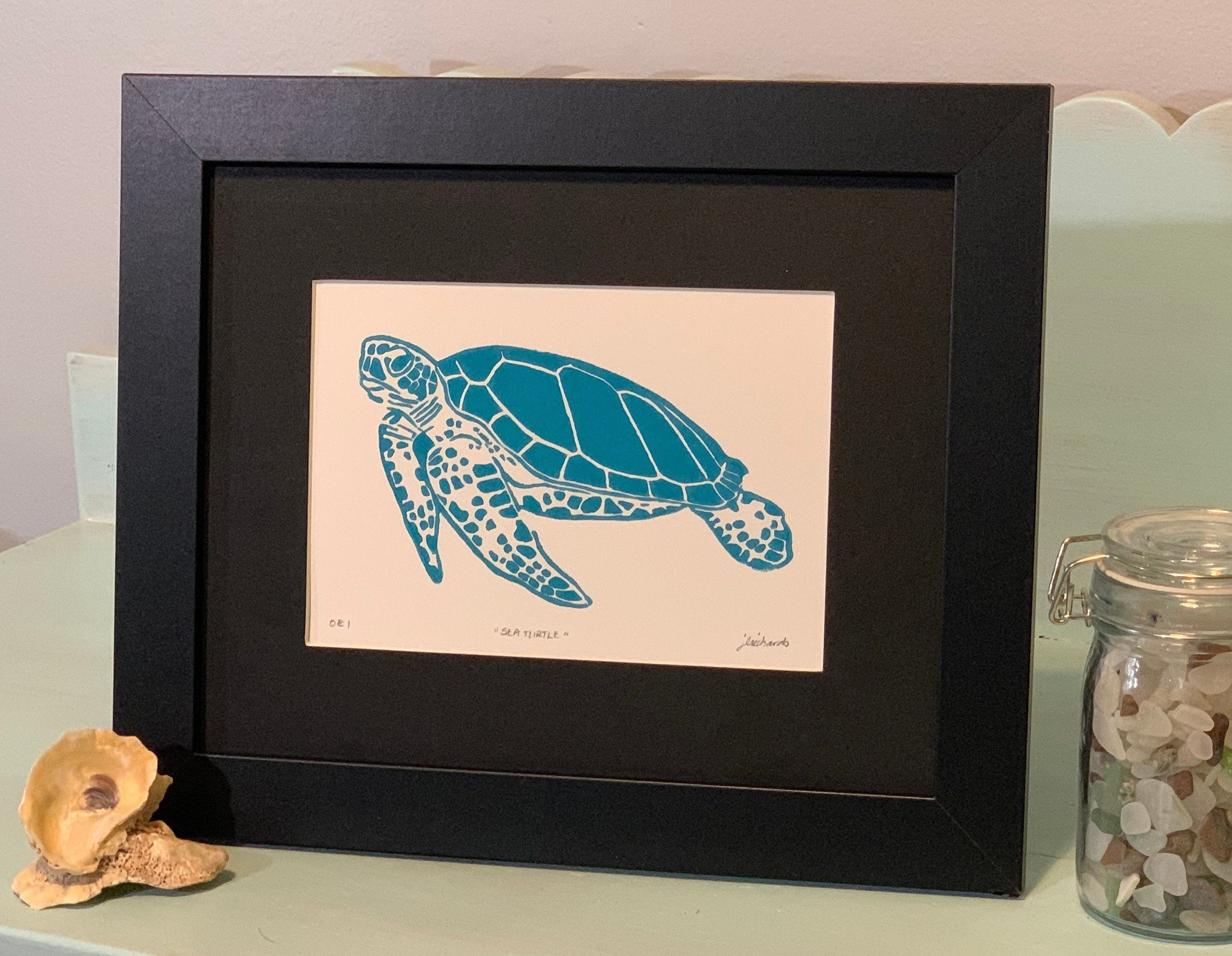 Sea Turtle Lino Print Turtle Print Ocean Art Sea Turtle Art Hand ...