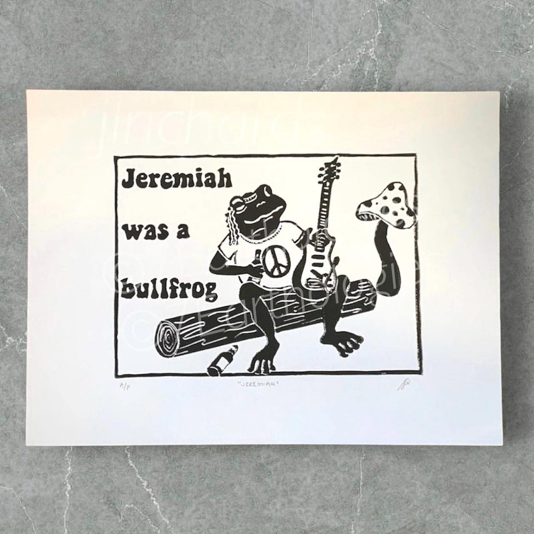 Jeremiah Bullfrog Lino Print: 70s Frog Art, Hand Printed Linocut - Etsy