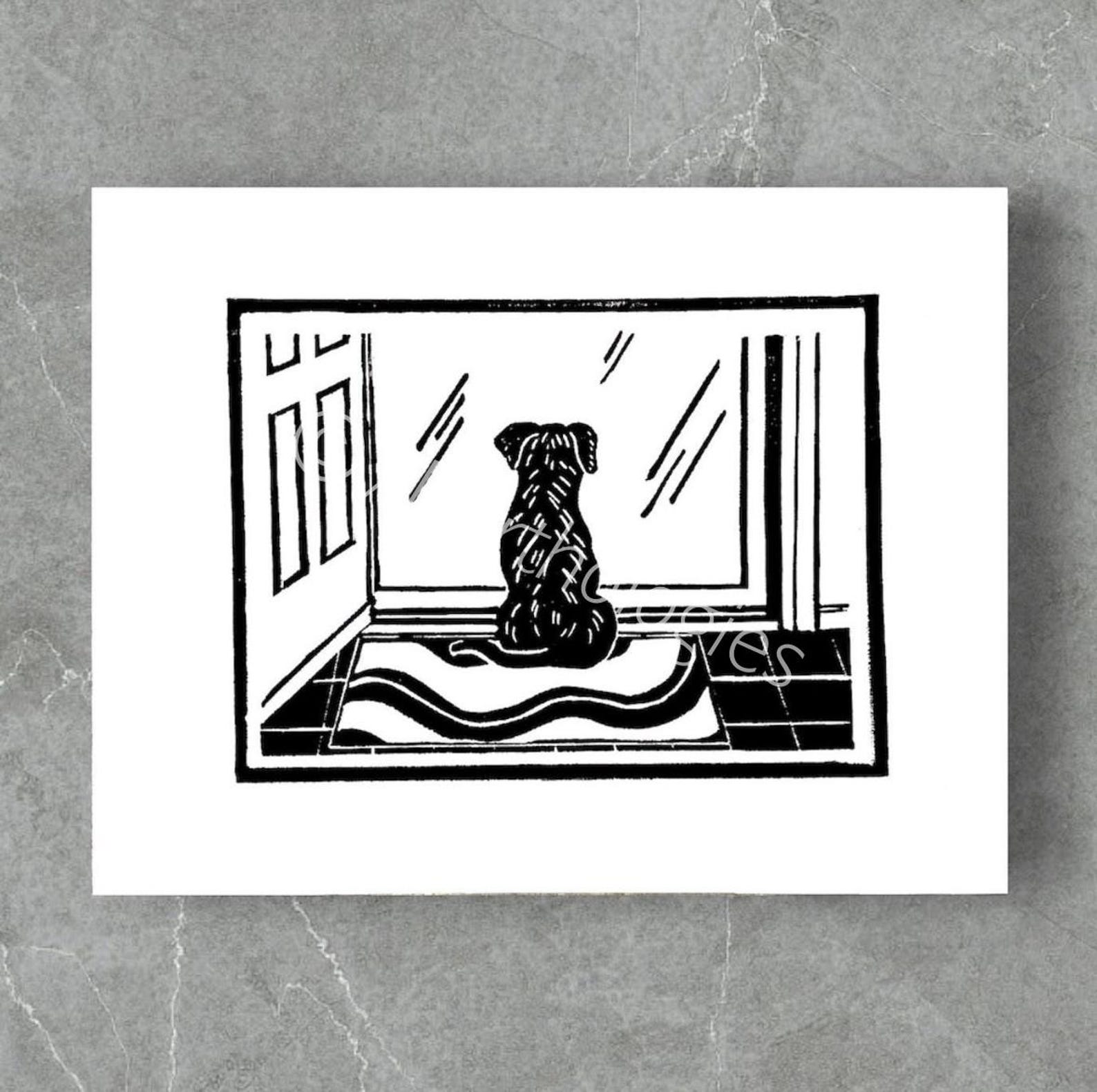 Dog Waiting at Door Lino Print: Hand-printed Linocut Pet Art - Etsy