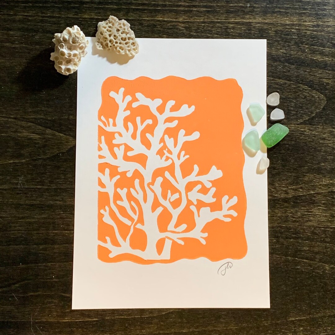 Coral Lino Print Coral Print Coral Art Beach Art Hand Printed Linocut ...