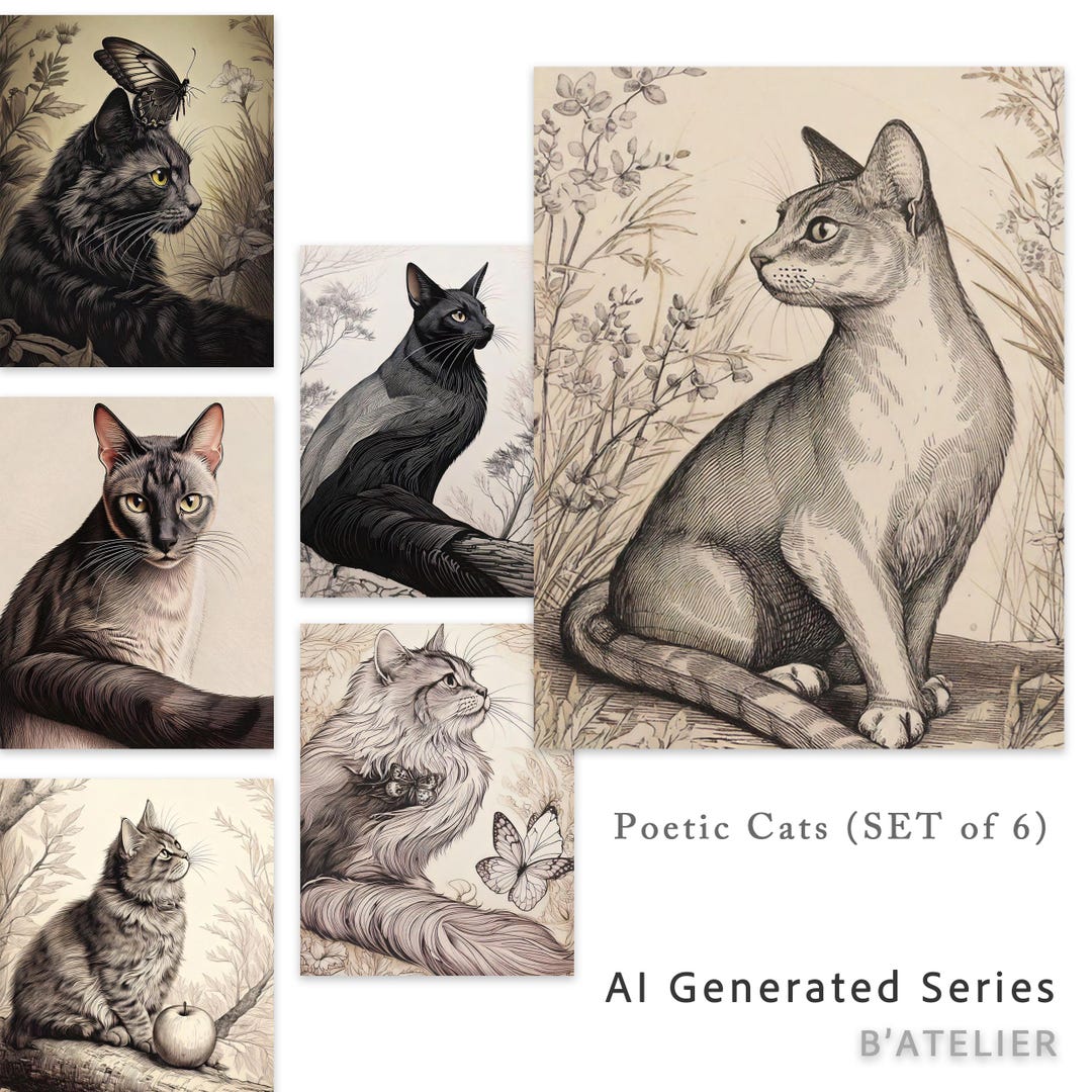 Oriental Poetic Cat Drawing, Cat Wall Art, AI Drawing, Nature Cat Art ...
