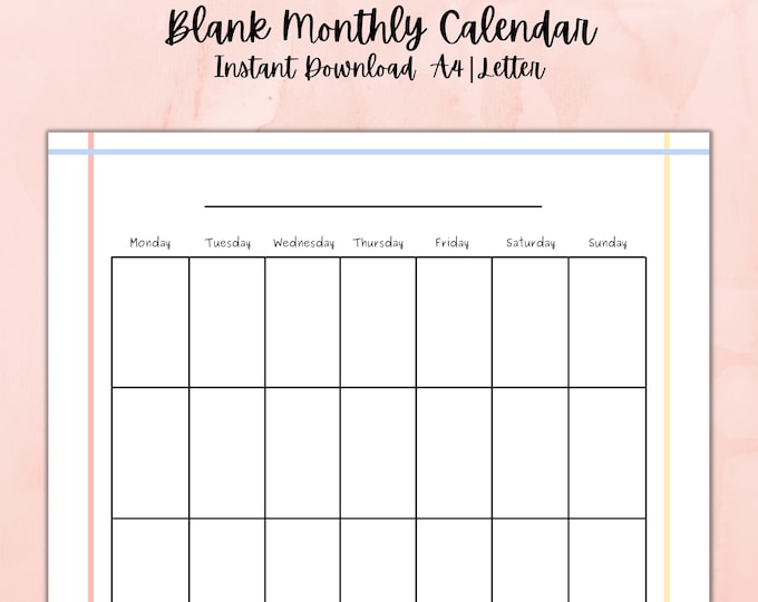 Monthly Blank Calendar, Simple Calendar, Minimalist, Printable ...