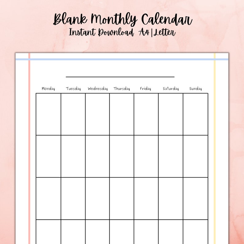Blank Monthly Calendar Printable, Monthly Planner, Calendar Printable ...