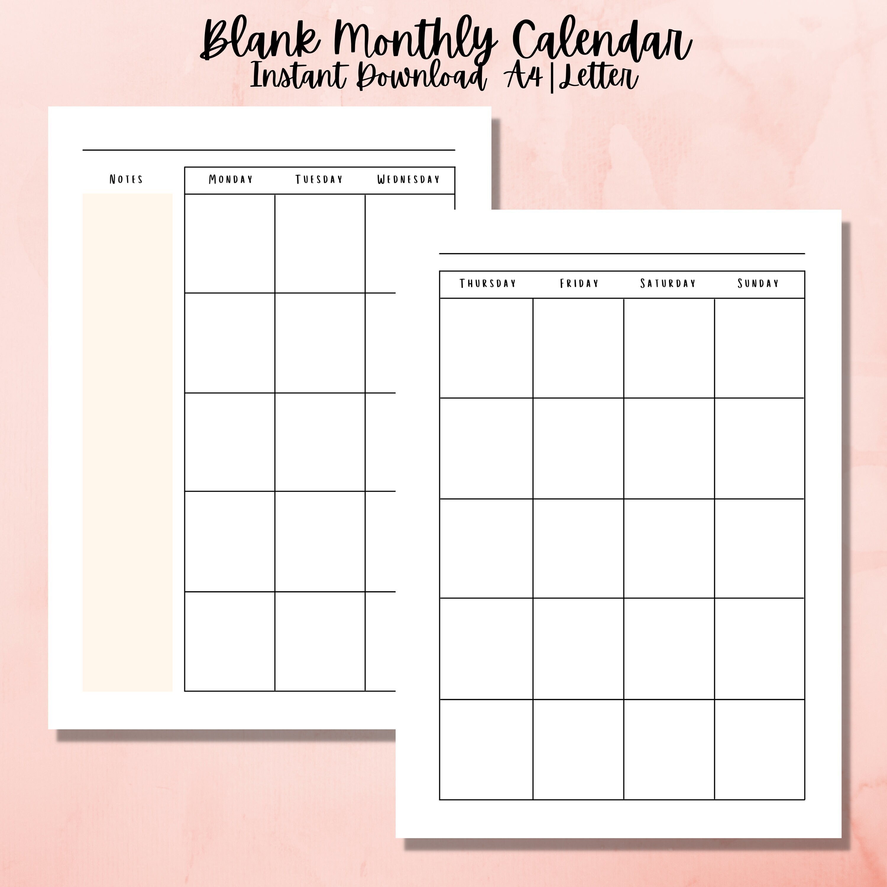 Blank Monthly Calendar Printable PDF, Monthly Planner Digital Printable ...