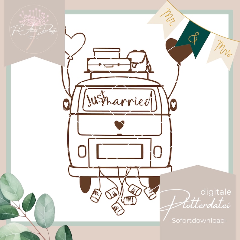 Just Married Wedding Bus Digital Plotter File | Hand-drawn | Svg, Dxf ...