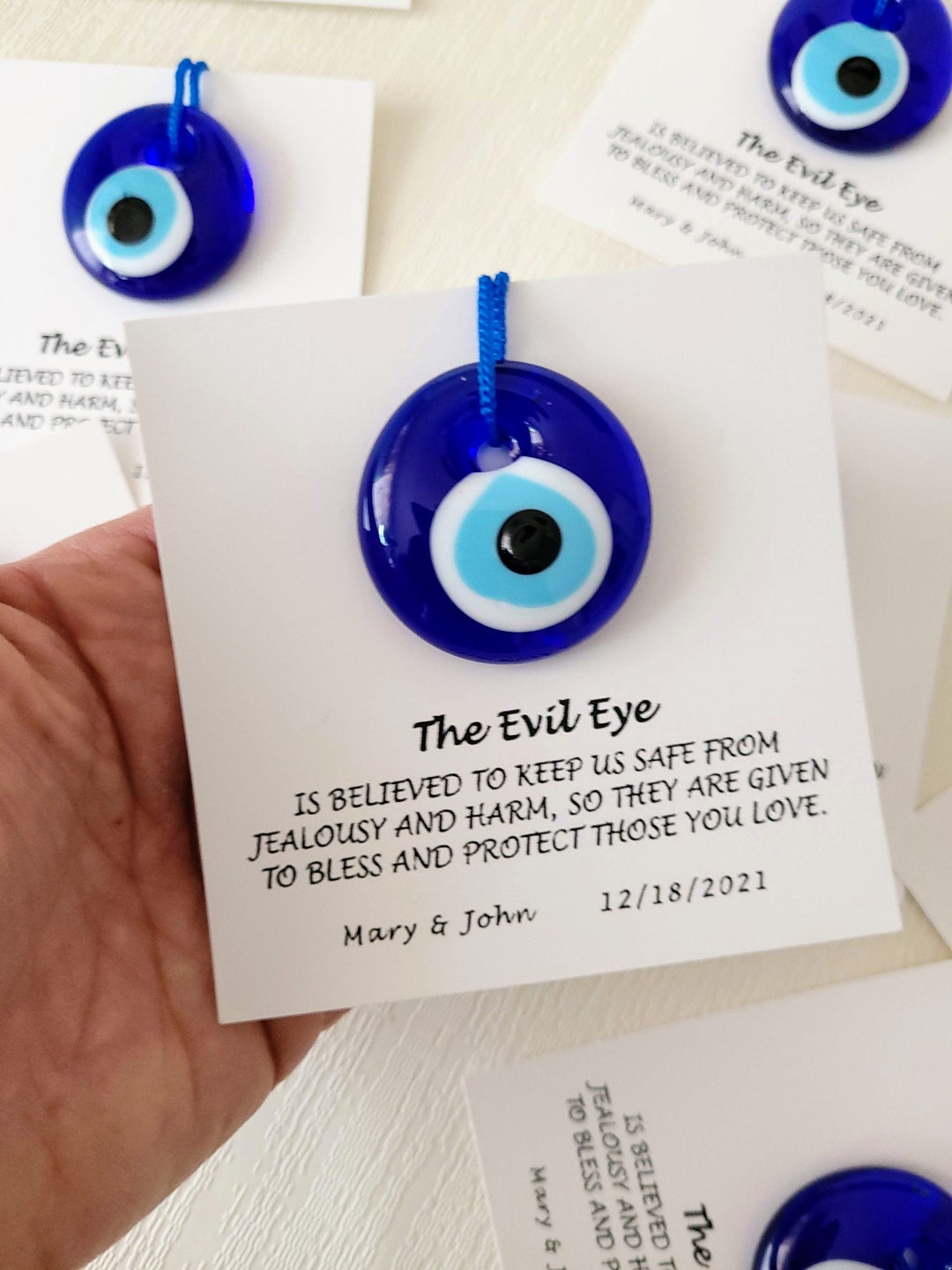 Classic Blue Mati Wedding Favors With Personalized Cards – Greek ...