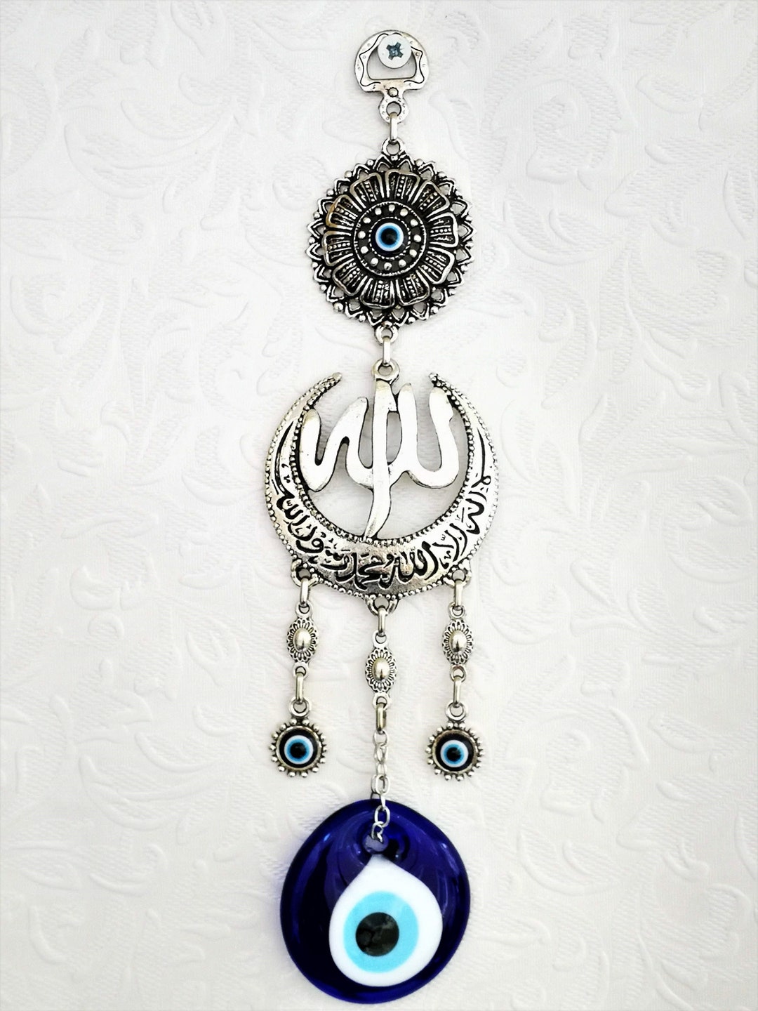 Allah Writing Silver With Evil Eye Beads,wall Decor,islamic Gift,ayin ...