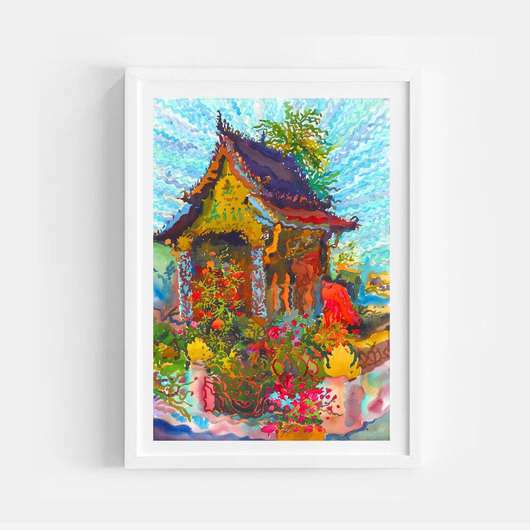 Xieng Mouane Temple in Laos Watercolor Painting, Luang Prabang Monk ...