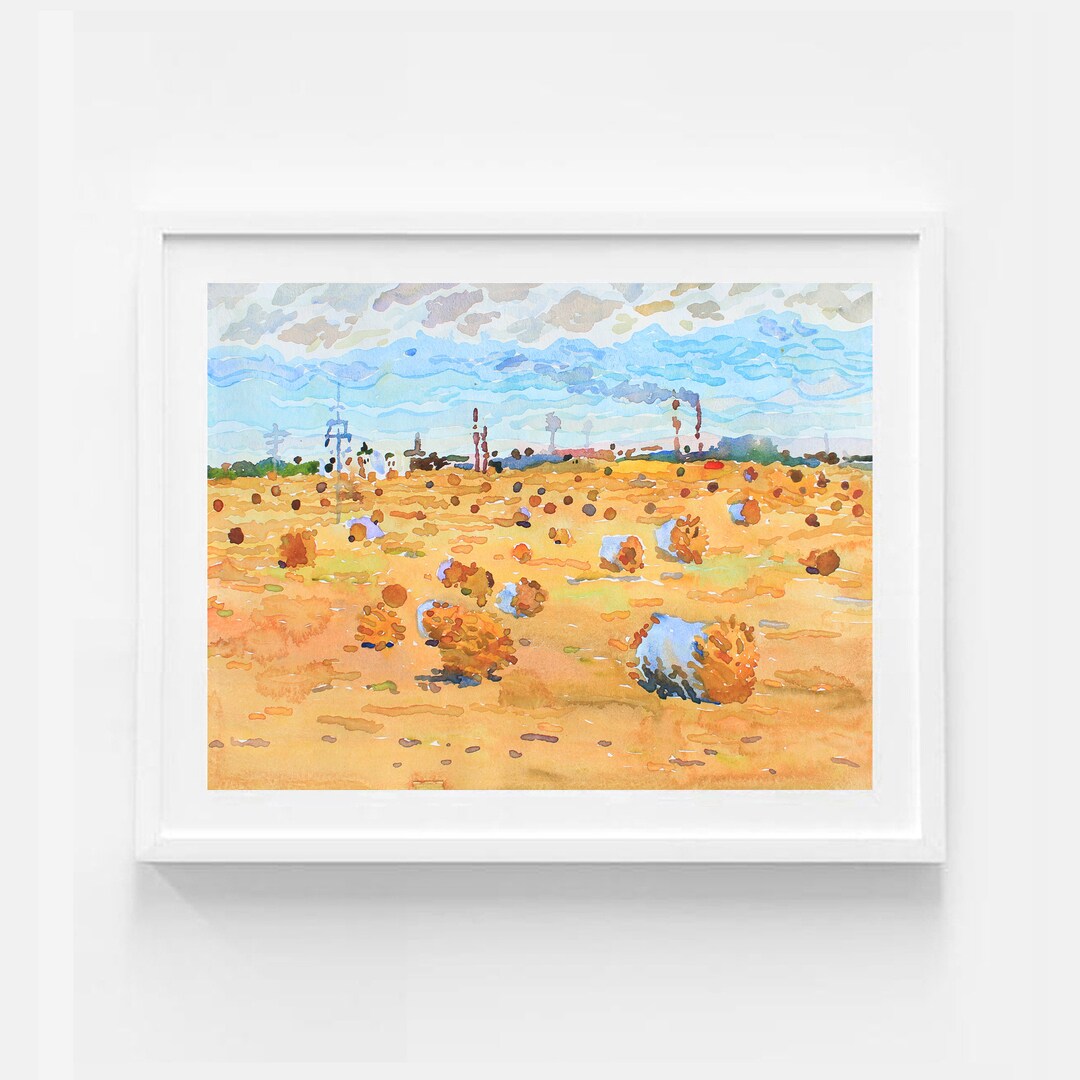 Bale of Hay Watercolor Original Painting, Wheat Field Art, Hay Bale ...
