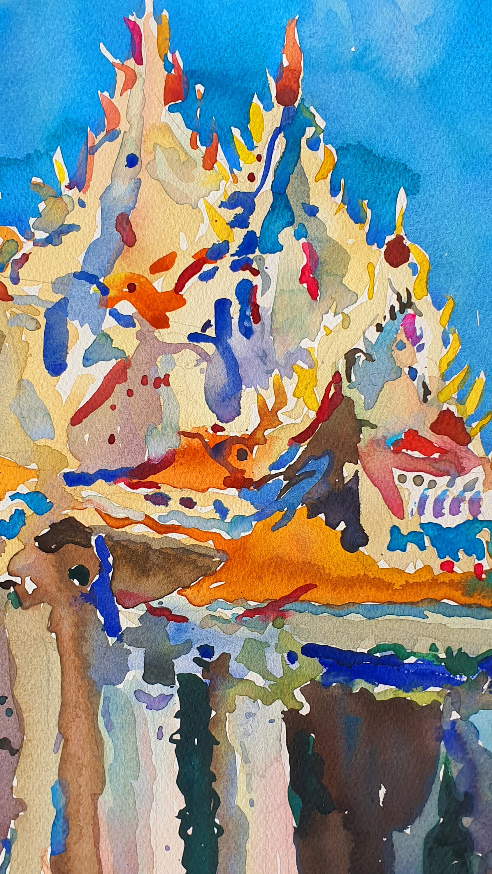 Wat Pariwat Buddhist Temple Watercolor Original Painting, Bangkok ...