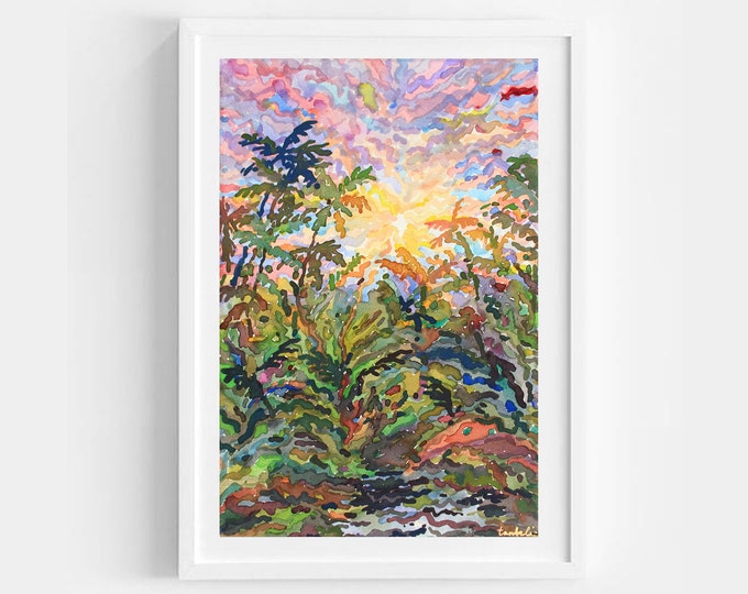 Tropical Forest in Ubud Painting, Palm Trees Painting, Tropical Sunrise ...