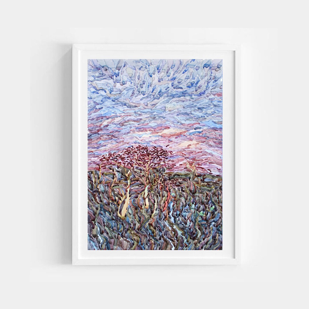 Hogweed Poisonous Plant Watercolor Artwork, Red Flowers Painting on Sunset Wall Art, Original ...