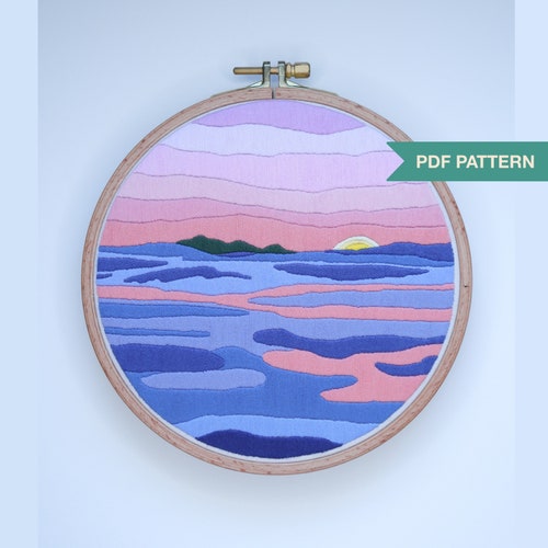 Sunset Ocean Scene Embroidery Pattern Satin Stitch Digital - Etsy