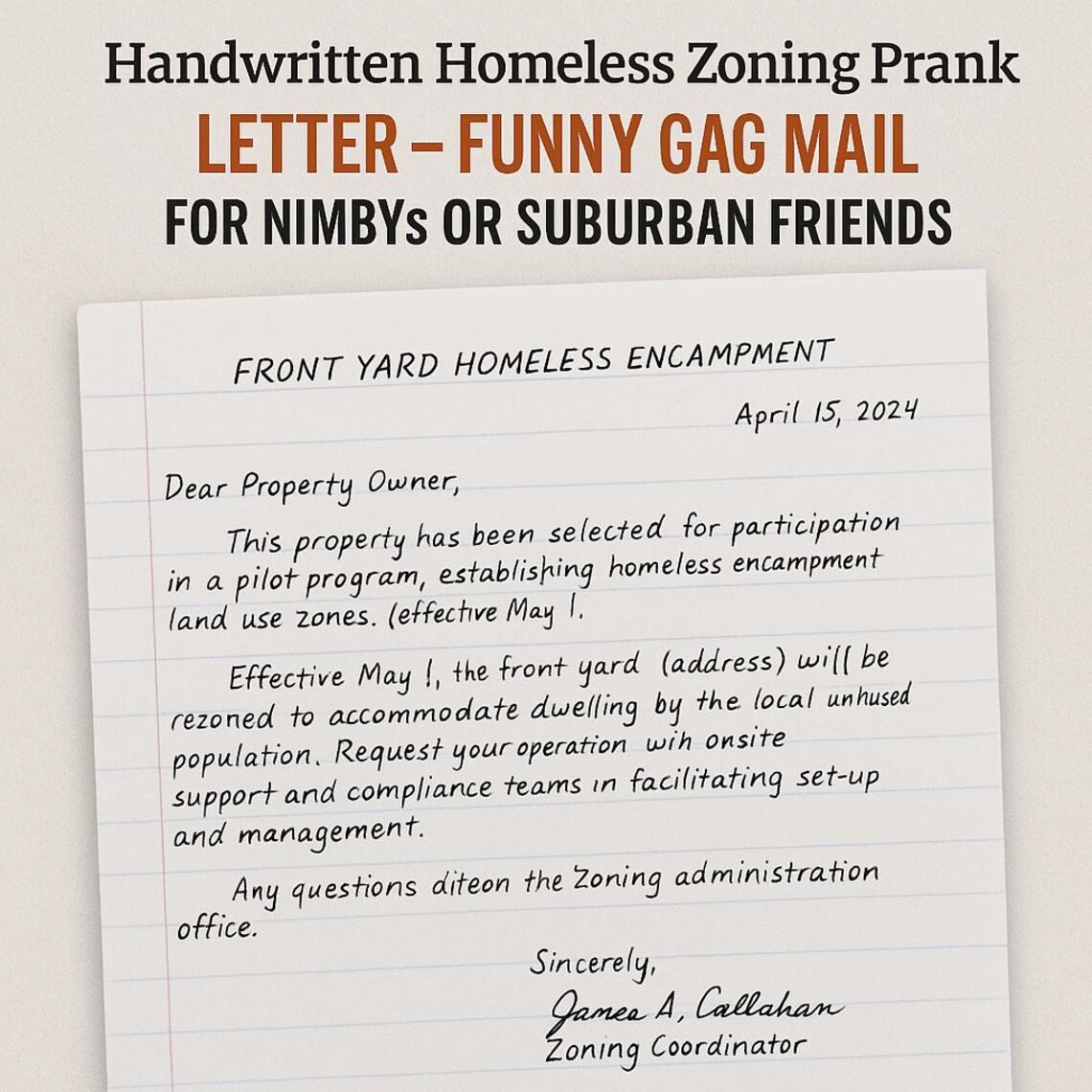 Handwritten Homeless Zoning Prank Letter – Funny Gag Mail for Nimbys or ...