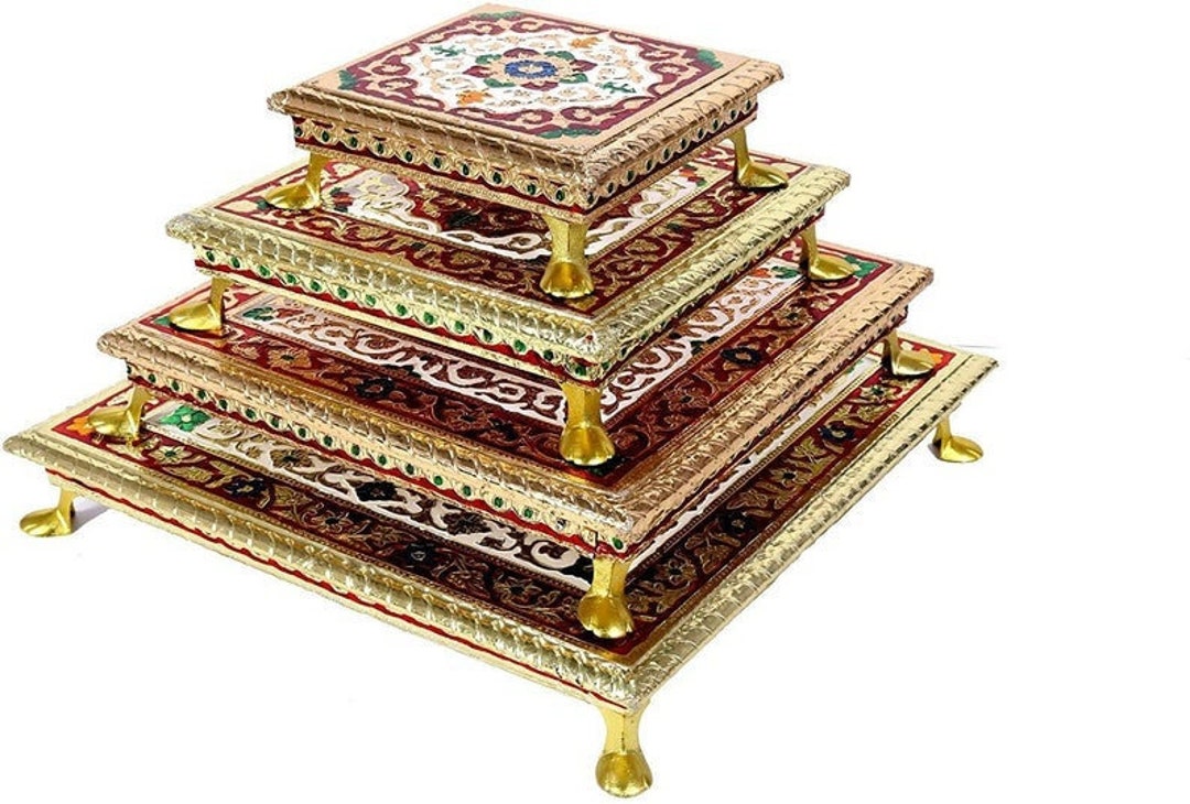 Pooja Chowki, Meenakari Puja Stool, Premium Quality Wood Chowki, Mandir ...