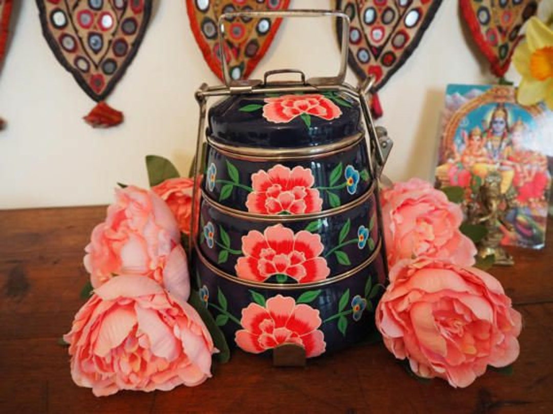 Hand Painted 3 Tier Lunch Box A Dabba, or Indian-style Tiffin Carrier ...