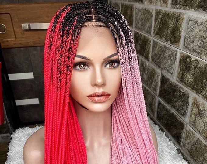 Red And Pink Full Lace Knotless Box Braid Lightweight Glueless And