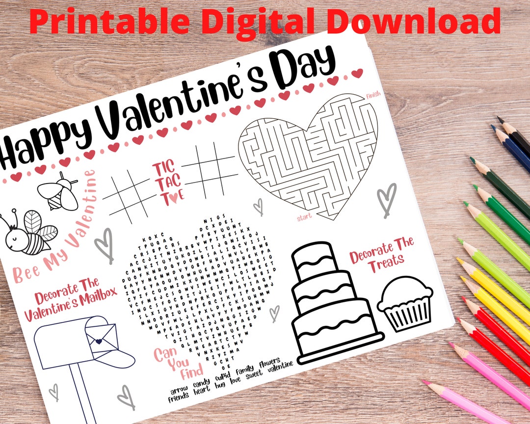 Printable Valentine Activity Sheet, Valentine Placemats, Kids Activity ...