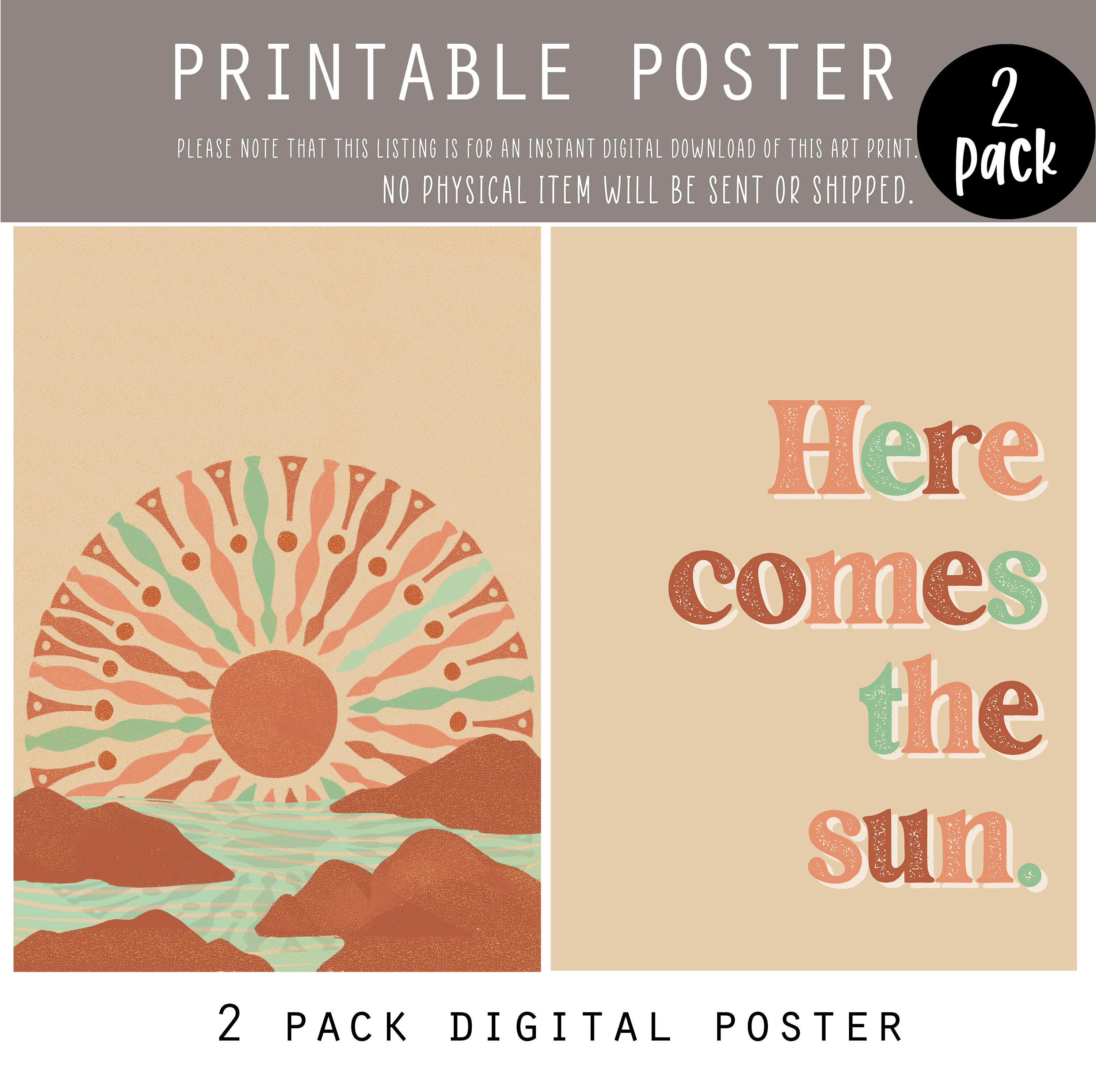 Boho Sunset Print Set, Slogan Wall Decor, Landscape Wall Art, Beatles ...