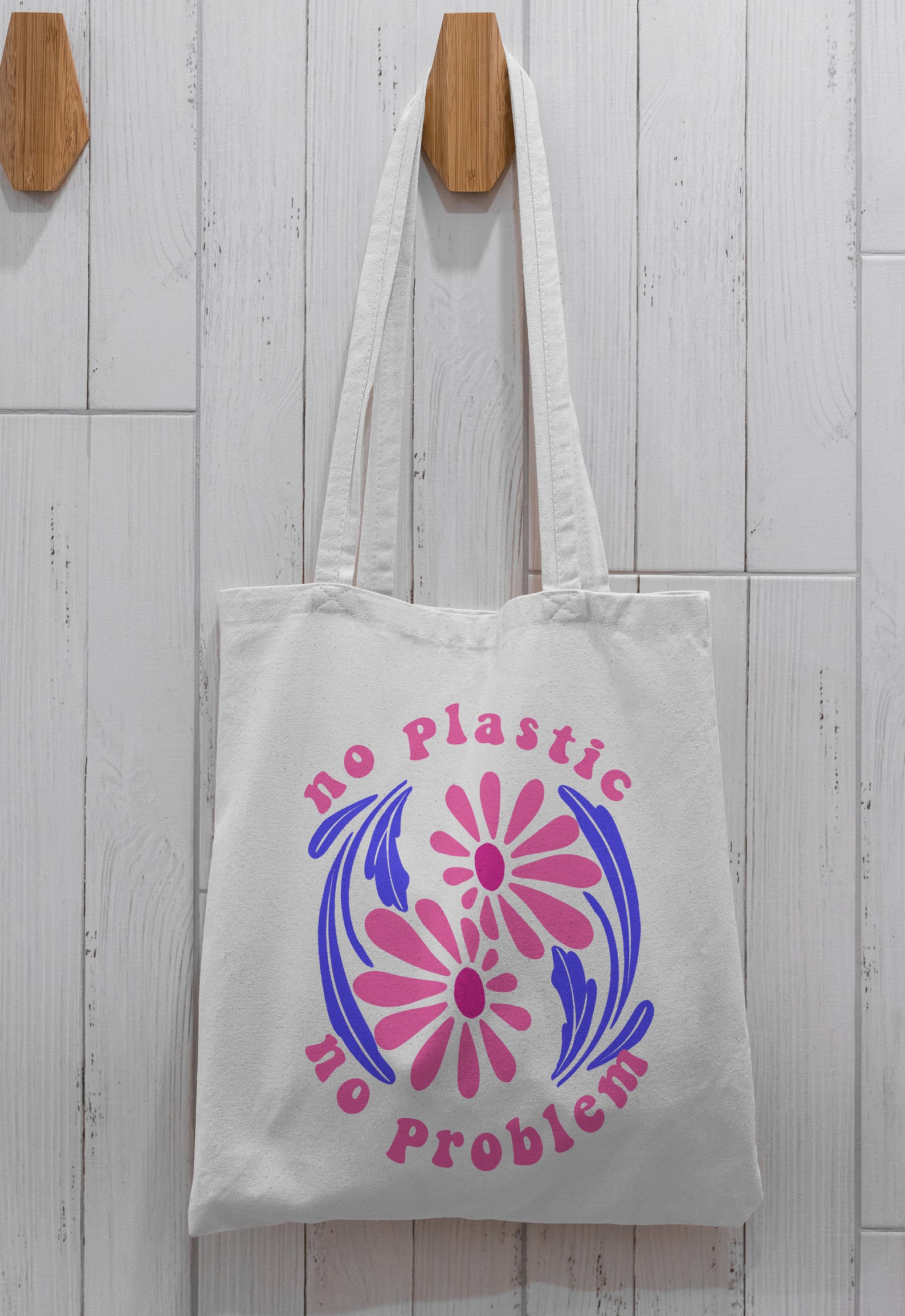 Canvas Tote Bag, No Plastic No Problem Slogan, Daisy Graphic Design ...