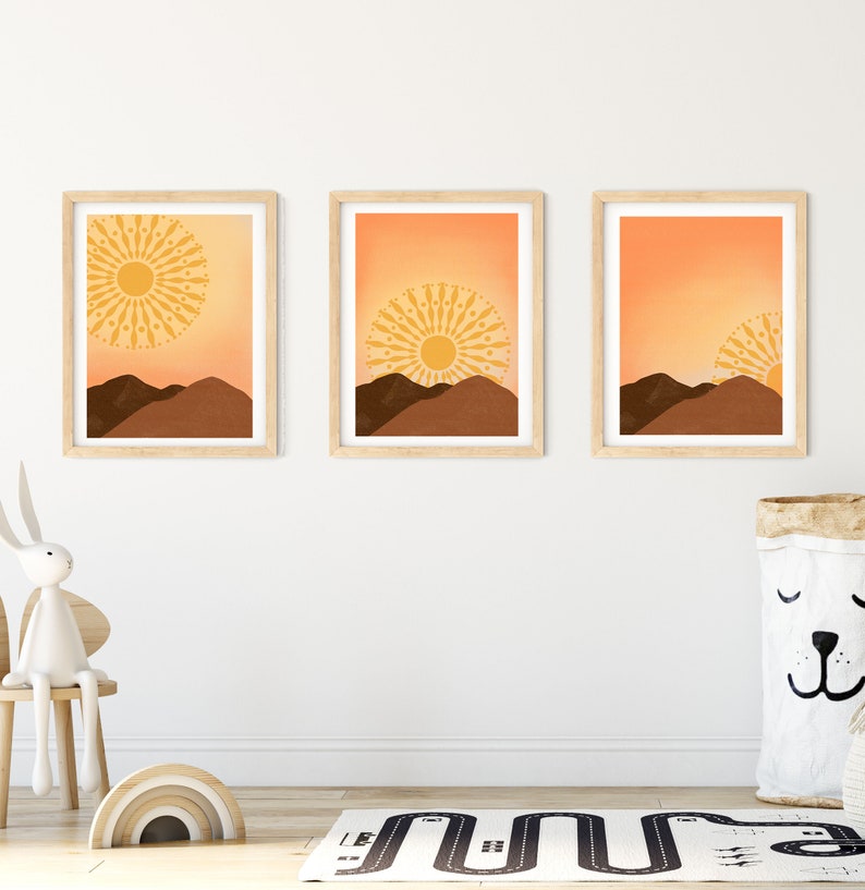 Boho Sunset Print Set, Sun Phases Wall Decor, Landscape Wall Art, Warm ...
